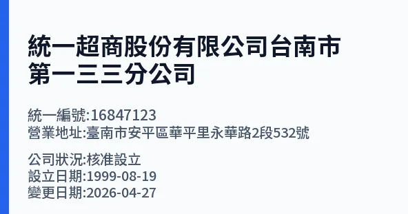 統一超商股份有限公司台南市第一三三分公司的照片-統編 16847123(臺南市) 公司登記資料與營業項目詳細圖表