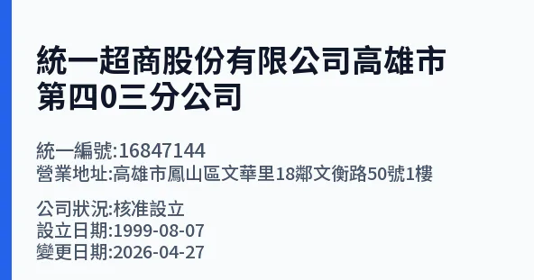 統一超商股份有限公司高雄市第四0三分公司的照片-統編 16847144(高雄市) 公司登記資料與營業項目詳細圖表