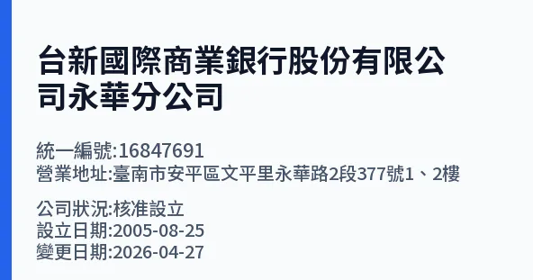 台新國際商業銀行股份有限公司永華分公司的照片-統編 16847691(臺南市) 公司登記資料與營業項目詳細圖表