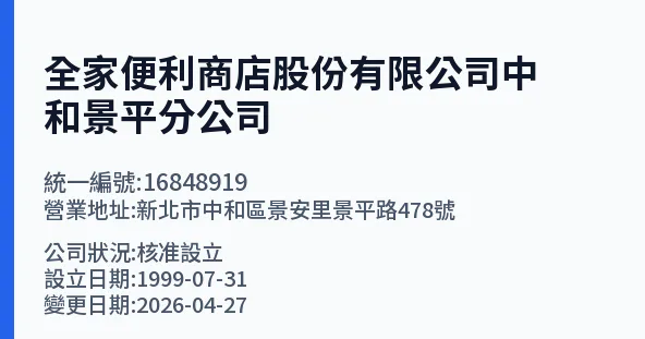 全家便利商店股份有限公司中和景平分公司的照片-統編 16848919(新北市) 公司登記資料與營業項目詳細圖表