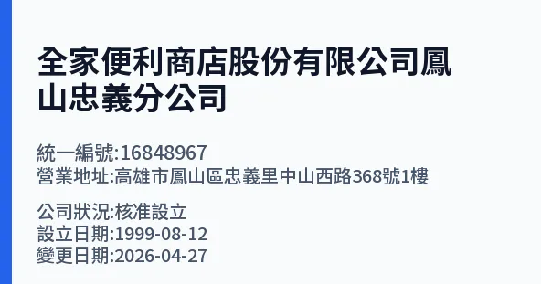 全家便利商店股份有限公司鳳山忠義分公司的照片-統編 16848967(高雄市) 公司登記資料與營業項目詳細圖表
