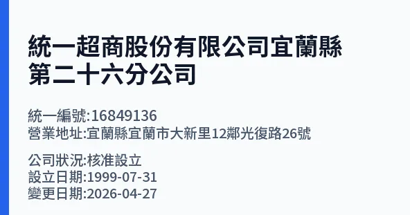 統一超商股份有限公司宜蘭縣第二十六分公司的照片-統編 16849136(宜蘭縣) 公司登記資料與營業項目詳細圖表