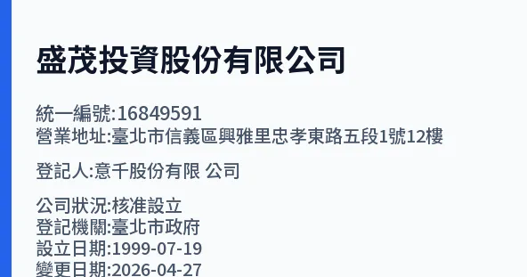 盛茂投資股份有限公司的照片-統編 16849591(臺北市) 公司登記資料與營業項目詳細圖表