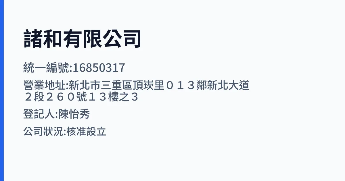 諸和有限公司 - 統編 16850317(新北市) 公司登記資料與營業項目詳細圖表