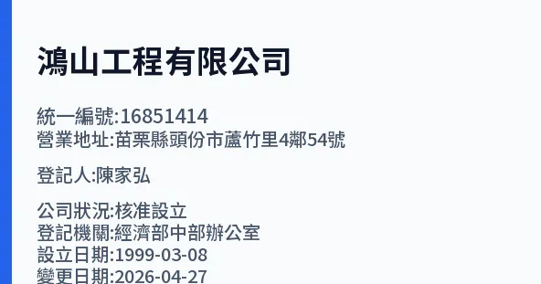 鴻山工程有限公司的照片-統編 16851414(苗栗縣) 公司登記資料與營業項目詳細圖表