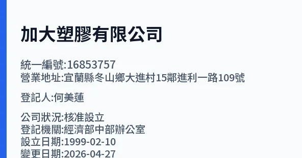 加大塑膠有限公司的照片-統編 16853757(宜蘭縣) 公司登記資料與營業項目詳細圖表