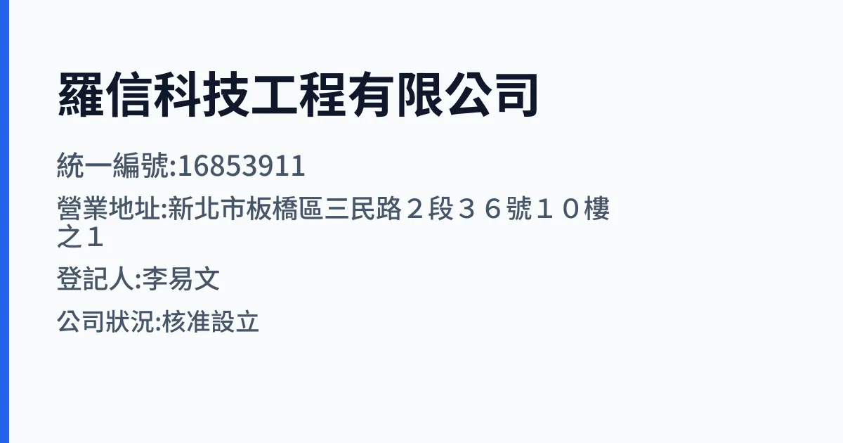 羅信科技工程有限公司 - 統編 16853911(新北市) 公司登記資料與營業項目詳細圖表