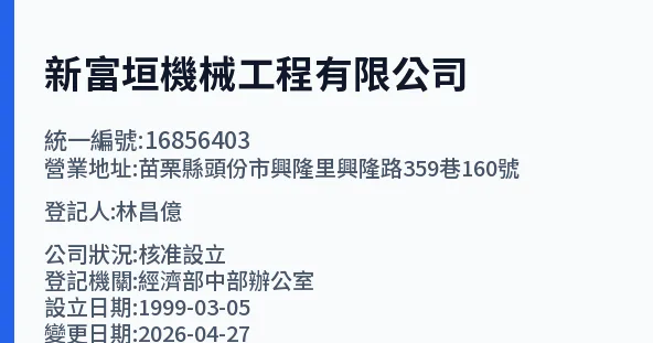 新富垣機械工程有限公司的照片-統編 16856403(苗栗縣) 公司登記資料與營業項目詳細圖表