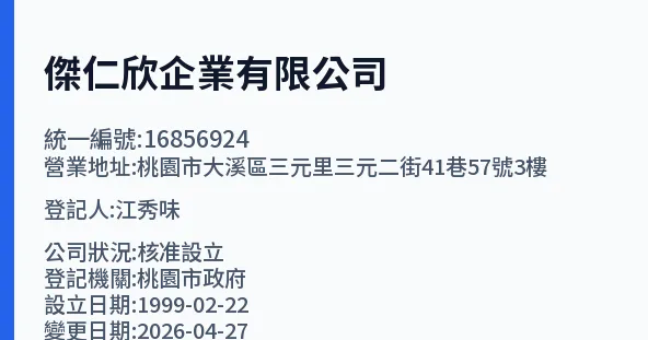 傑仁欣企業有限公司的照片-統編 16856924(桃園市) 公司登記資料與營業項目詳細圖表