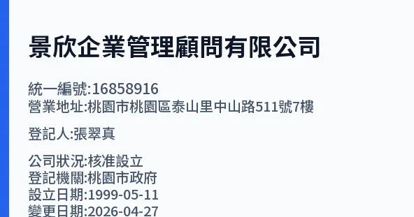 景欣企業管理顧問有限公司的照片-統編 16858916(桃園市) 公司登記資料與營業項目詳細圖表