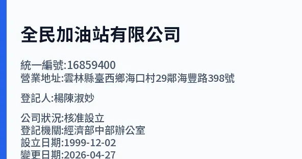 全民加油站有限公司的照片-統編 16859400(雲林縣) 公司登記資料與營業項目詳細圖表
