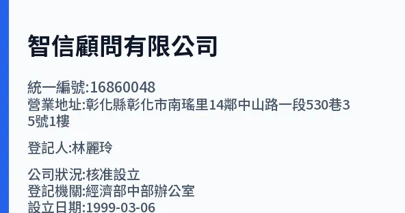 智信顧問有限公司的照片-統編 16860048(彰化縣) 公司登記資料與營業項目詳細圖表