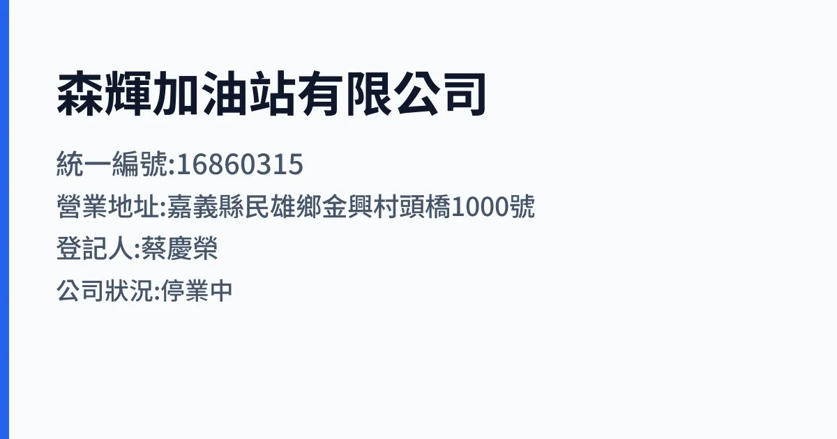 森輝加油站有限公司 - 統編 16860315(嘉義縣) 公司登記資料與營業項目詳細圖表