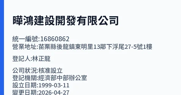 曄鴻建設開發有限公司的照片-統編 16860862(苗栗縣) 公司登記資料與營業項目詳細圖表