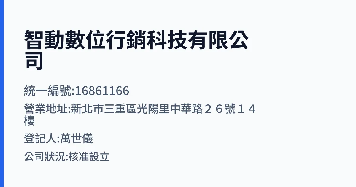 智動數位行銷科技有限公司 - 統編 16861166(新北市) 公司登記資料與營業項目詳細圖表