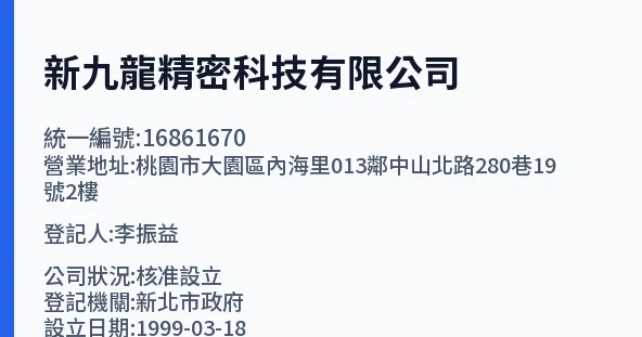 新九龍精密科技有限公司的照片-統編 16861670(桃園市) 公司登記資料與營業項目詳細圖表