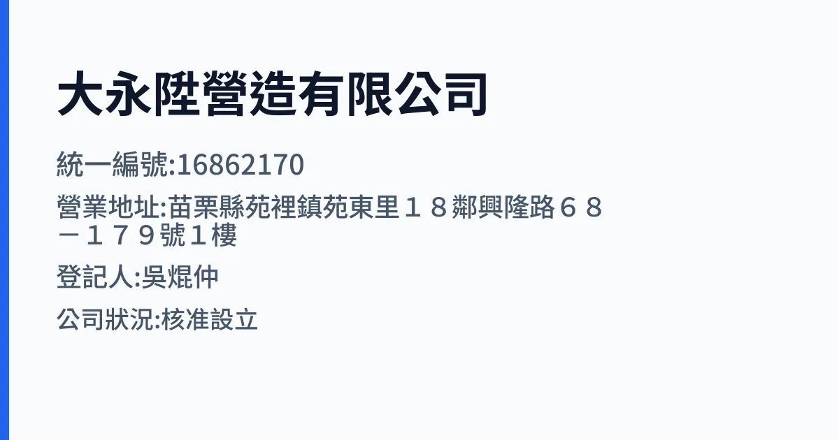 大永陞營造有限公司 - 統編 16862170(苗栗縣) 公司登記資料與營業項目詳細圖表
