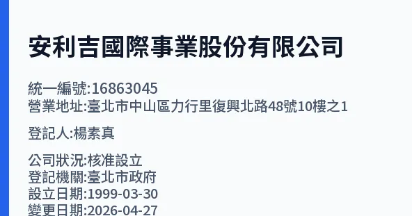 安利吉國際事業股份有限公司的照片-統編 16863045(臺北市) 公司登記資料與營業項目詳細圖表