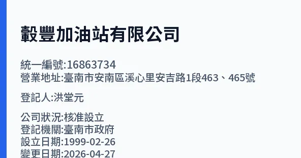 轂豐加油站有限公司的照片-統編 16863734(臺南市) 公司登記資料與營業項目詳細圖表