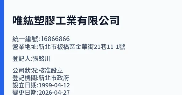 唯紘塑膠工業有限公司的照片-統編 16866866(新北市) 公司登記資料與營業項目詳細圖表