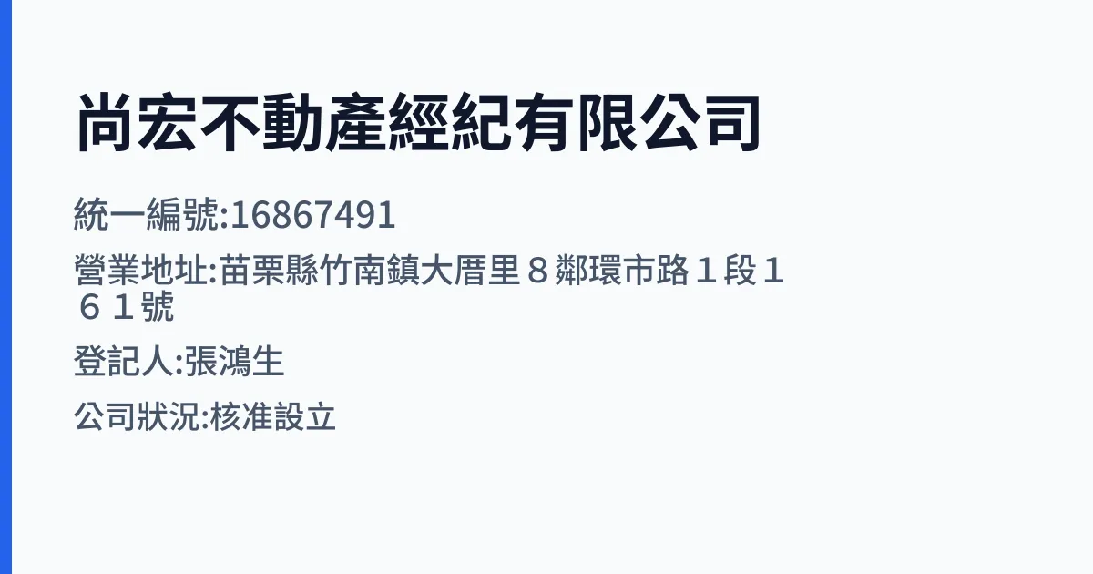 尚宏不動產經紀有限公司 - 統編 16867491（苗栗縣） 公司登記資料與營業項目詳細圖表