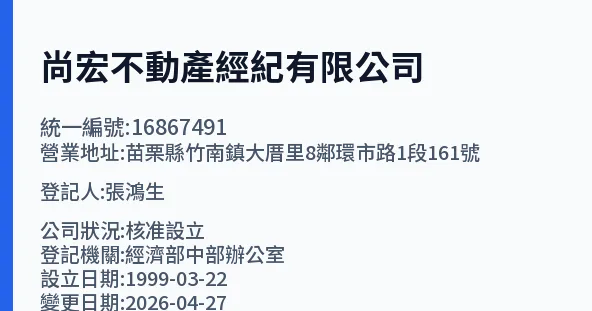 尚宏不動產經紀有限公司的照片-統編 16867491(苗栗縣) 公司登記資料與營業項目詳細圖表