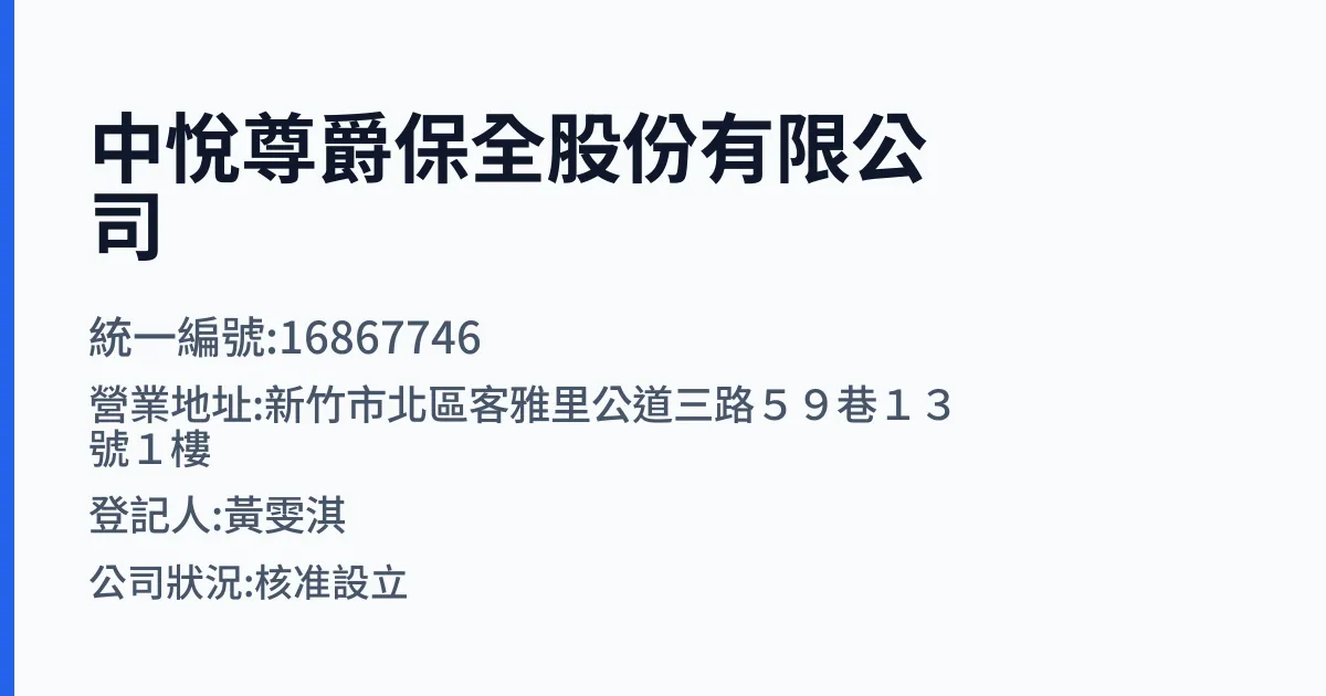 中悅尊爵保全股份有限公司 - 統編 16867746(新竹市) 公司登記資料與營業項目詳細圖表