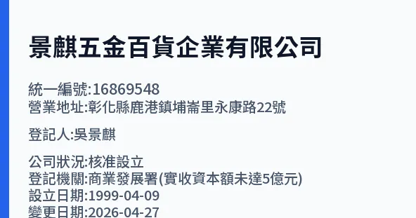 景麒五金百貨企業有限公司的照片-統編 16869548(彰化縣) 公司登記資料與營業項目詳細圖表