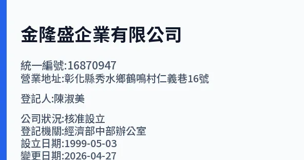 金隆盛企業有限公司的照片-統編 16870947(彰化縣) 公司登記資料與營業項目詳細圖表