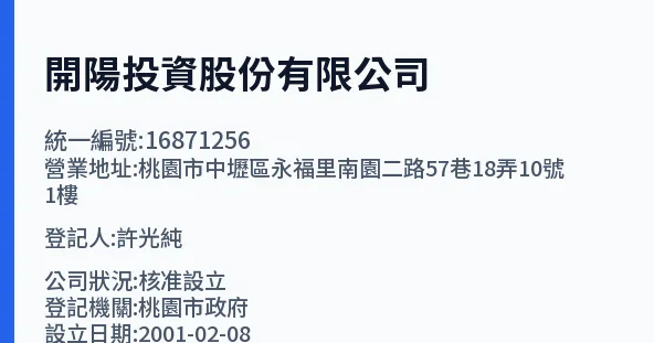 開陽投資股份有限公司的照片-統編 16871256(桃園市) 公司登記資料與營業項目詳細圖表