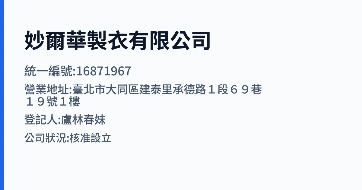 妙爾華製衣有限公司 - 統編 16871967(臺北市) 公司登記資料與營業項目詳細圖表
