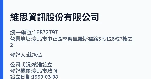維思資訊股份有限公司的照片-統編 16872797(臺北市) 公司登記資料與營業項目詳細圖表