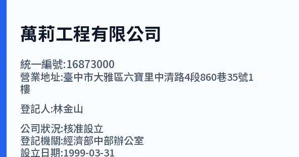 萬莉工程有限公司的照片-統編 16873000(臺中市) 公司登記資料與營業項目詳細圖表