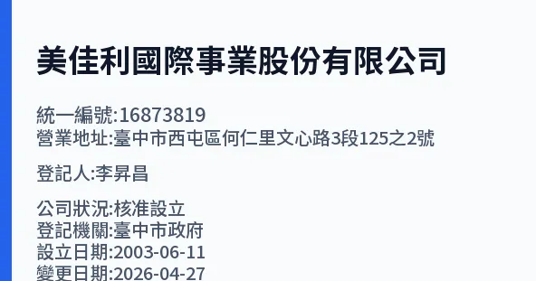 美佳利國際事業股份有限公司的照片-統編 16873819(臺中市) 公司登記資料與營業項目詳細圖表
