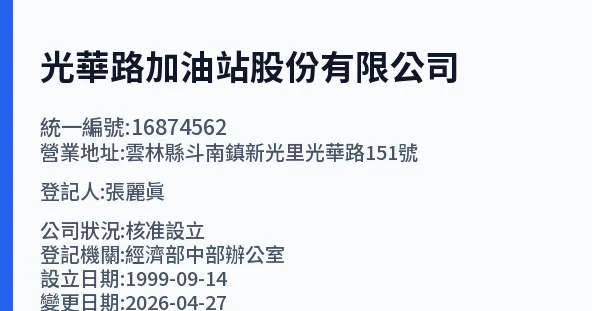 光華路加油站股份有限公司的照片-統編 16874562(雲林縣) 公司登記資料與營業項目詳細圖表