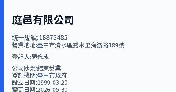 庭邑有限公司的照片-統編 16875485(臺中市) 公司登記資料與營業項目詳細圖表