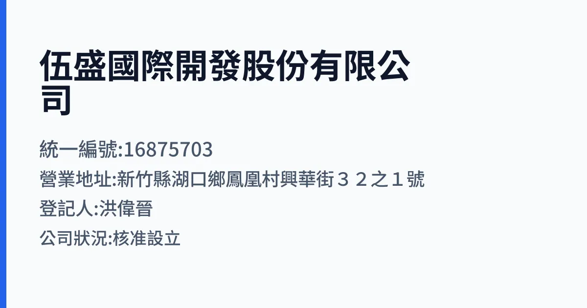 伍盛國際開發股份有限公司 - 統編 16875703(新竹縣) 公司登記資料與營業項目詳細圖表