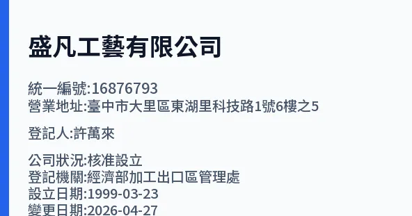 盛凡工藝有限公司的照片-統編 16876793(臺中市) 公司登記資料與營業項目詳細圖表