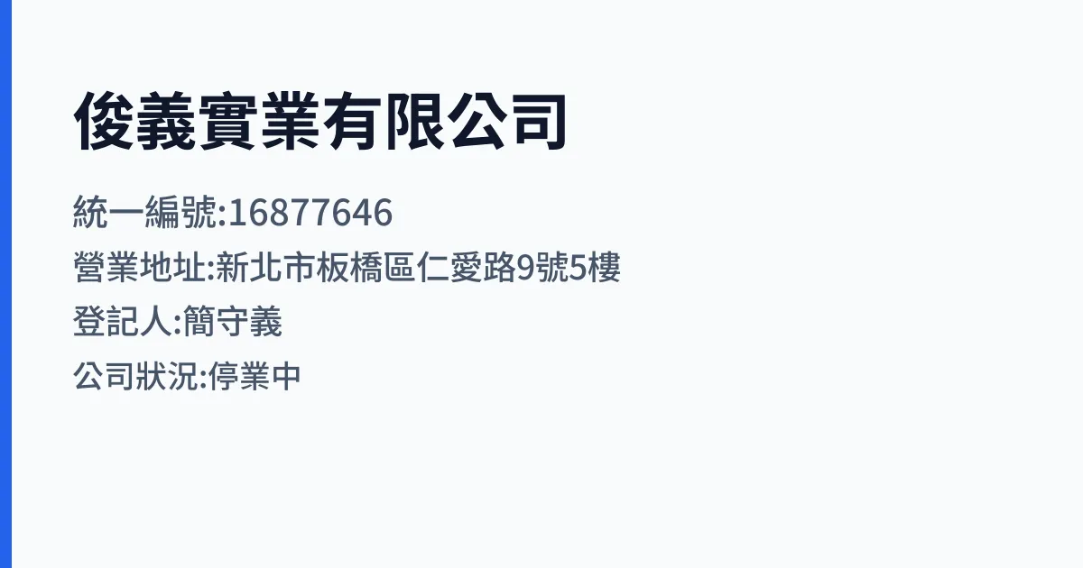俊義實業有限公司 - 統編 16877646(新北市) 公司登記資料與營業項目詳細圖表