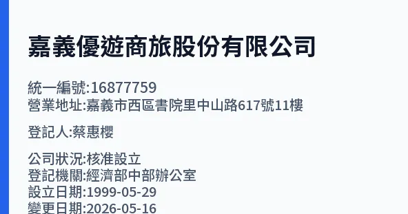 嘉義優遊商旅股份有限公司的照片-統編 16877759(嘉義市) 公司登記資料與營業項目詳細圖表