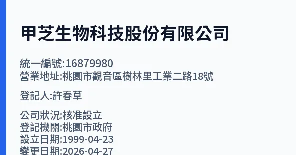 甲芝生物科技股份有限公司的照片-統編 16879980(桃園市) 公司登記資料與營業項目詳細圖表