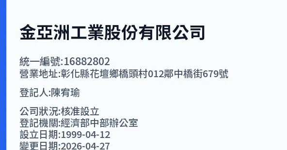 金亞洲工業股份有限公司的照片-統編 16882802(彰化縣) 公司登記資料與營業項目詳細圖表