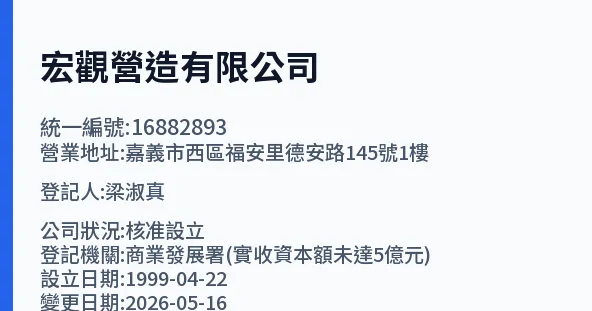 宏觀營造有限公司的照片-統編 16882893(嘉義市) 公司登記資料與營業項目詳細圖表