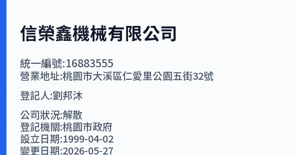 信榮鑫機械有限公司的照片-統編 16883555(桃園市) 公司登記資料與營業項目詳細圖表