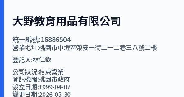 大野教育用品有限公司的照片-統編 16886504(桃園市) 公司登記資料與營業項目詳細圖表