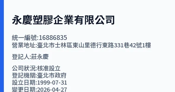 永慶塑膠企業有限公司的照片-統編 16886835(臺北市) 公司登記資料與營業項目詳細圖表