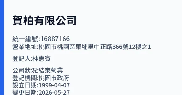 賀柏有限公司的照片-統編 16887166(桃園市) 公司登記資料與營業項目詳細圖表