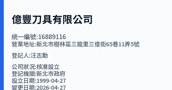 億豐刀具有限公司的照片-統編 16889116(新北市) 公司登記資料與營業項目詳細圖表