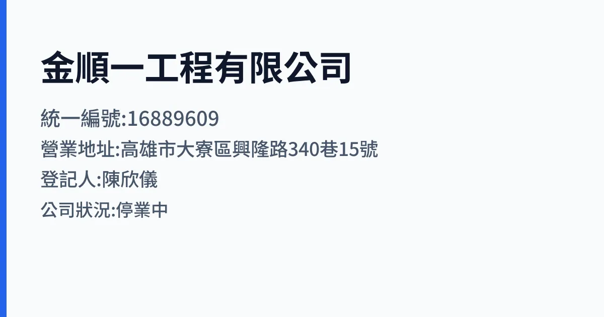 金順一工程有限公司 - 統編 16889609（高雄市） 公司登記資料與營業項目詳細圖表