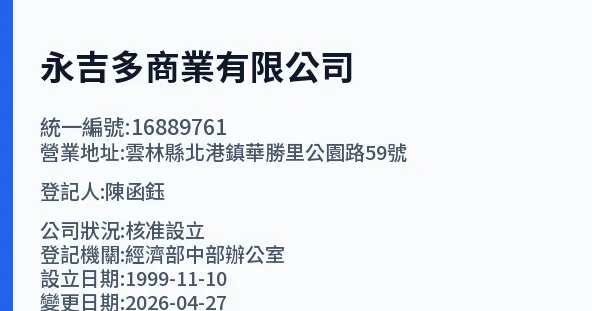 永吉多商業有限公司的照片-統編 16889761(雲林縣) 公司登記資料與營業項目詳細圖表